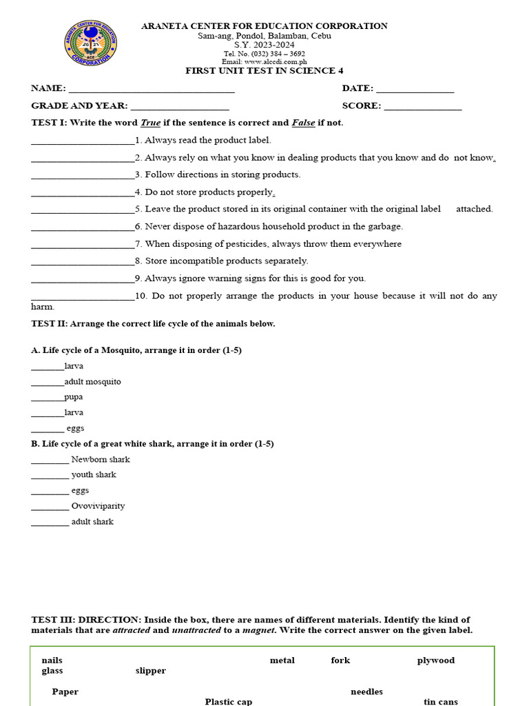 Science 4 Final Exam | PDF