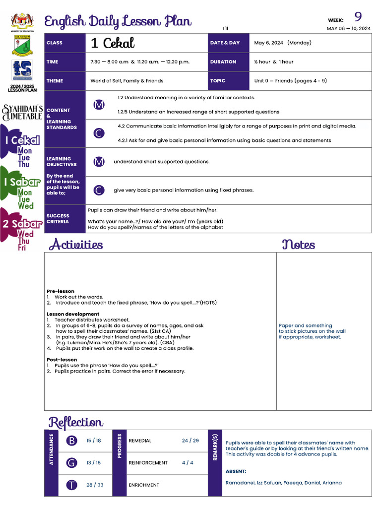 Lesson Plan Week 9 | PDF