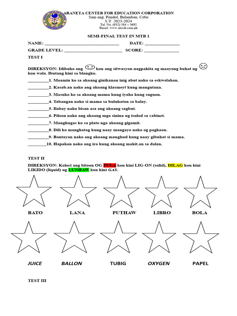 Semi Final TEST in MTB 1 | PDF