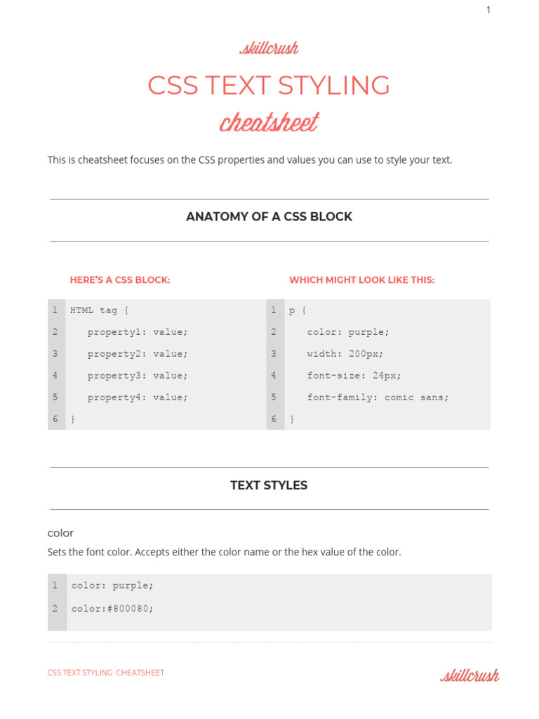 2 Css Text Styling Cheatsheet Pdf Typefaces Typography