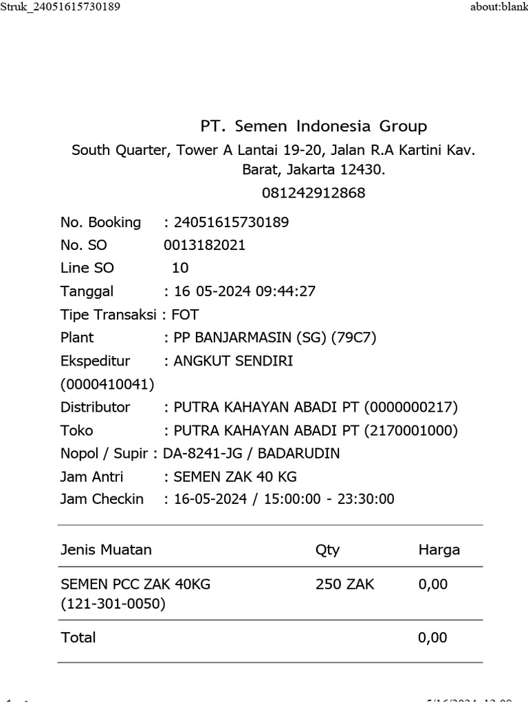 Logistics Receipt for Cement Delivery | PDF