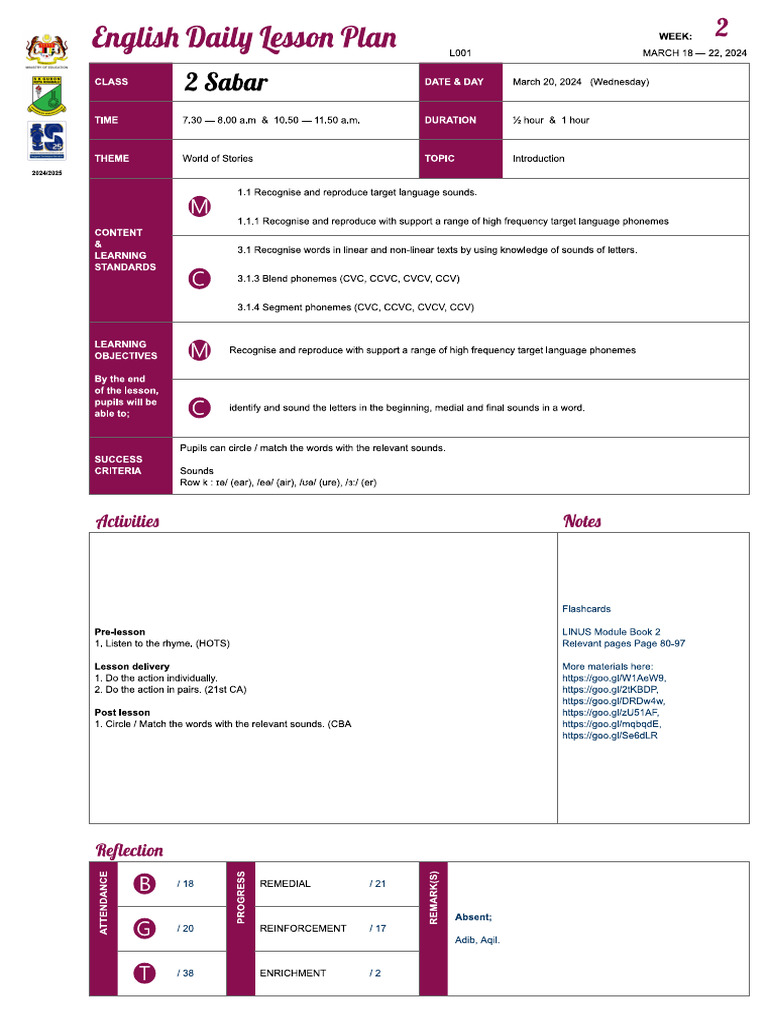 Lesson Plan Week 1 | PDF