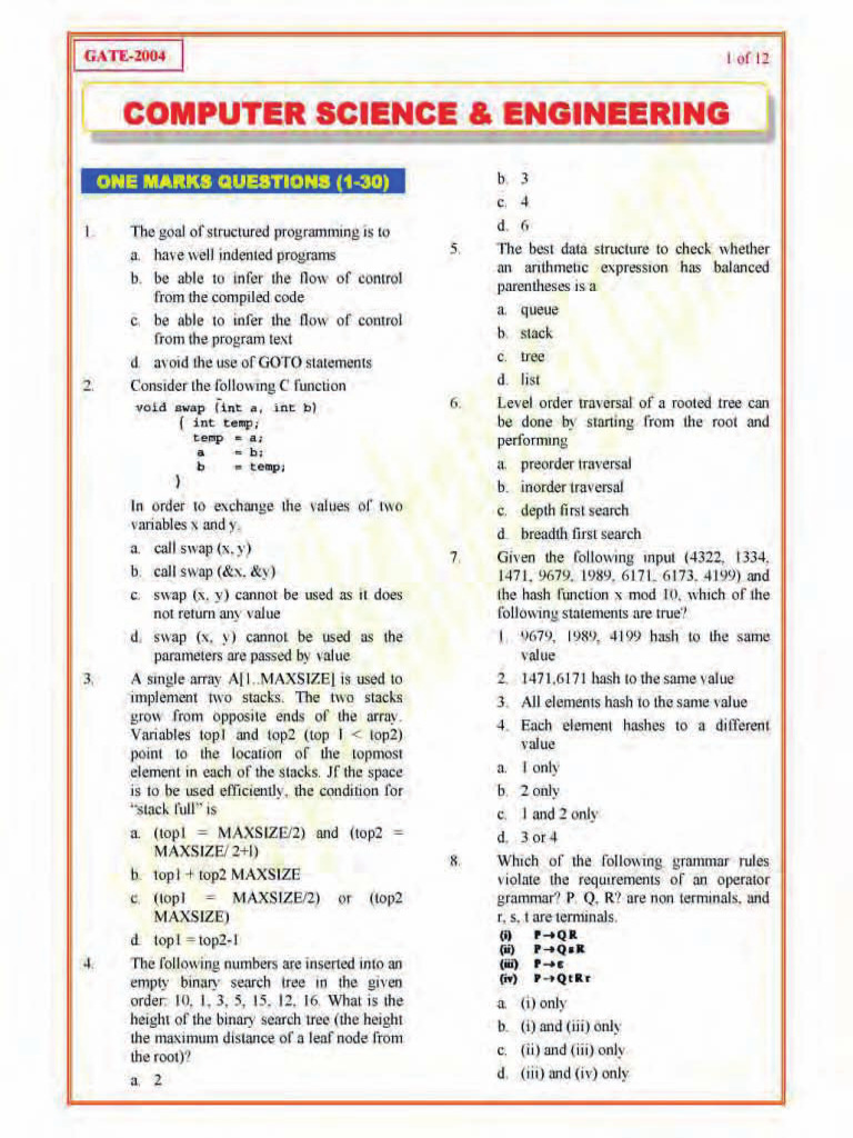 Gate 2004 | PDF | Algorithms And Data Structures | Computer Science