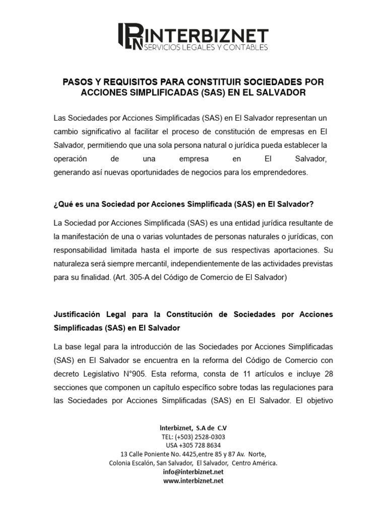 Pasos y Requisitos para Constitucion de Sociedades Por Acciones Simplificadas en El Salvador ...