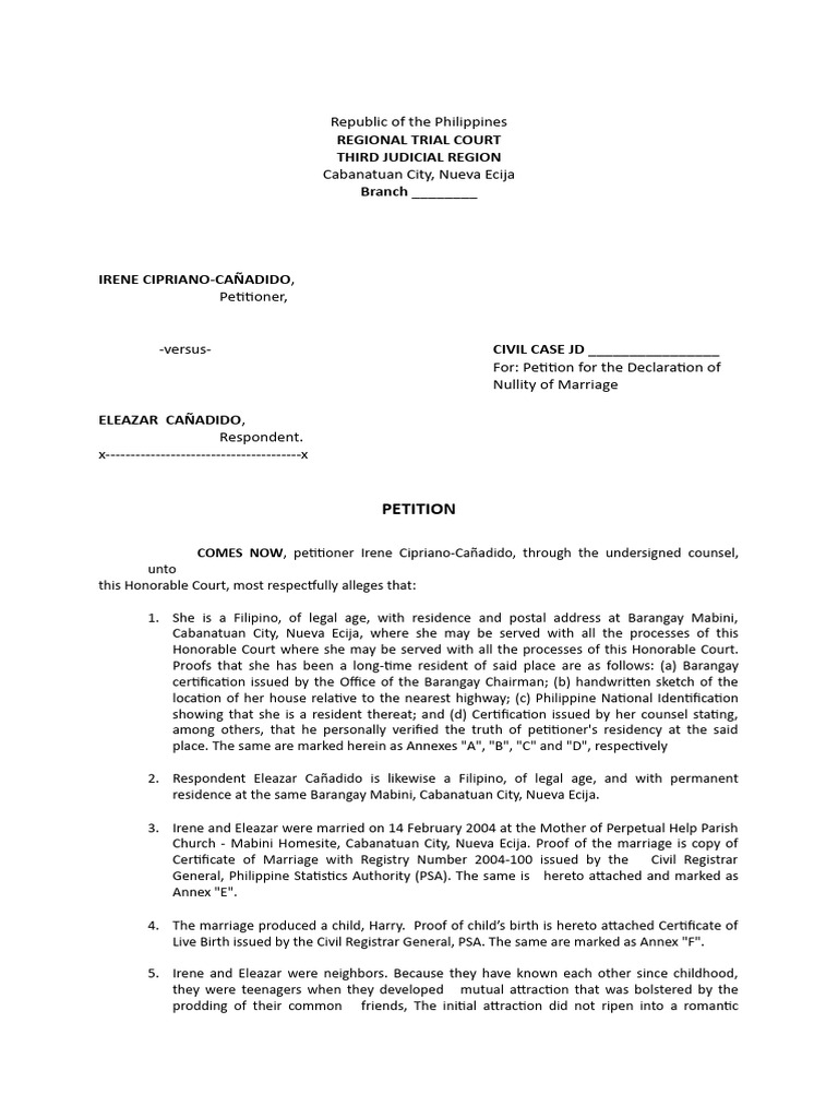Petition-for-Declaration-of-Nullity-of-Marriage 2 | PDF | Marriage ...