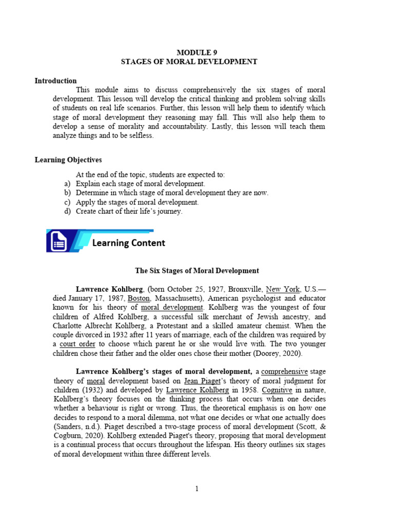 MODULE 9 - Stages of Moral Development | PDF | Behavioural Sciences | Psychology
