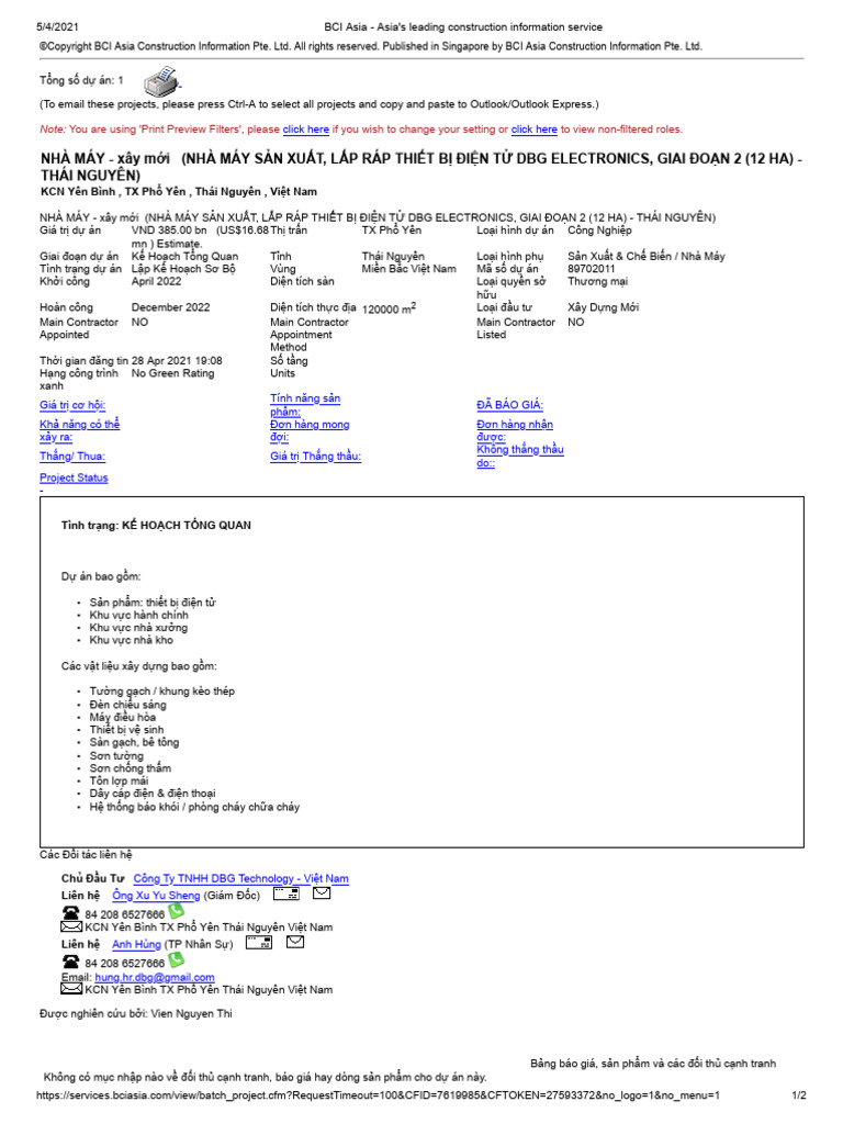 NHÀ MÁY SẢN XUẤT, LẮP RÁP THIẾT BỊ ĐIỆN TỬ DBG ELECTRONICS, GIAI ĐOẠN 2 (12 HA) - THÁI NGUYÊN | PDF