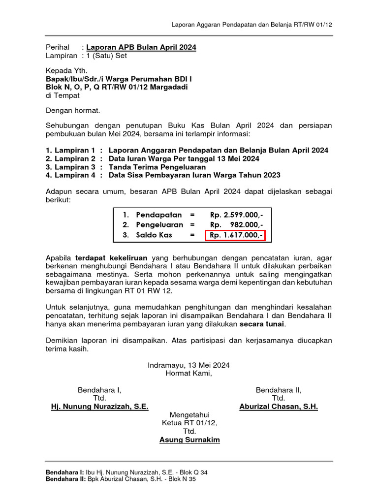 Laporan APB Bulan April 2024 | PDF