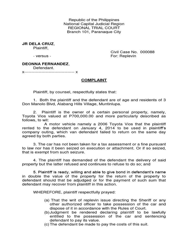 Complaint For Replevin | PDF | Lawsuit | Plaintiff