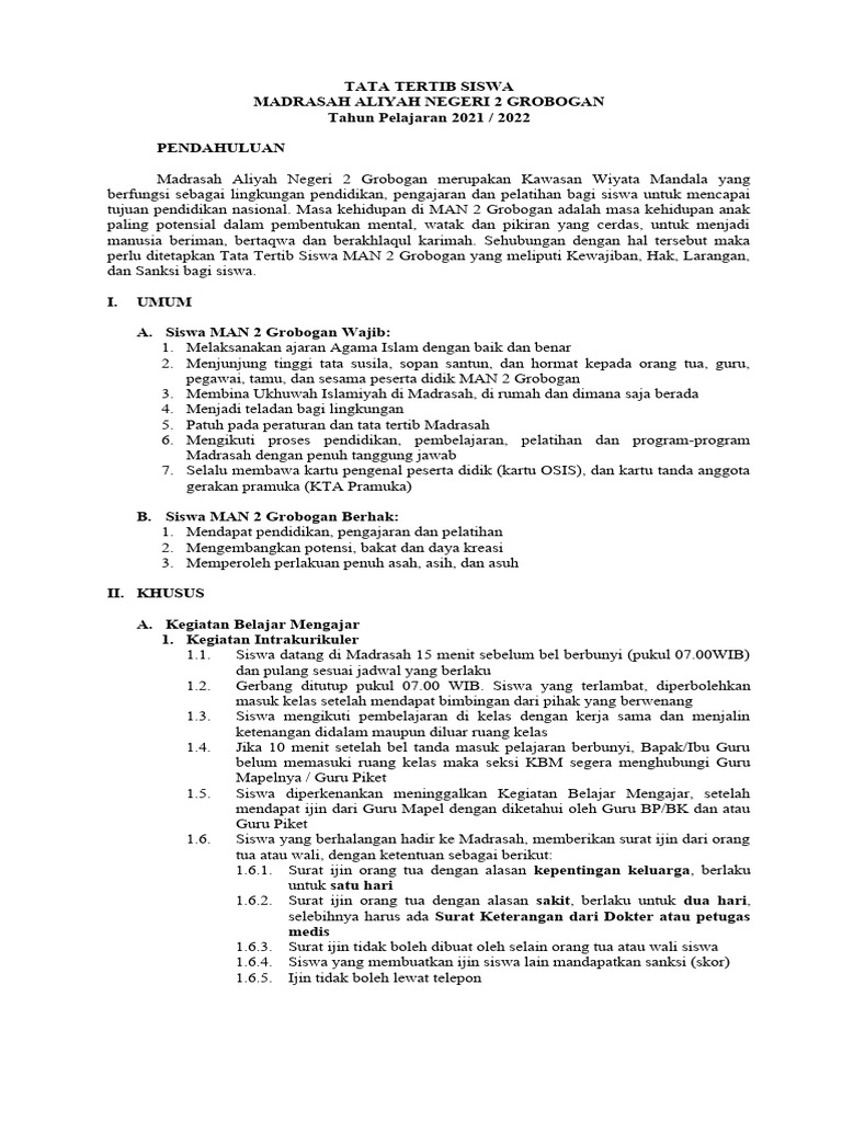 Tata Tertib Siswa MAN 2 Grobogan | PDF