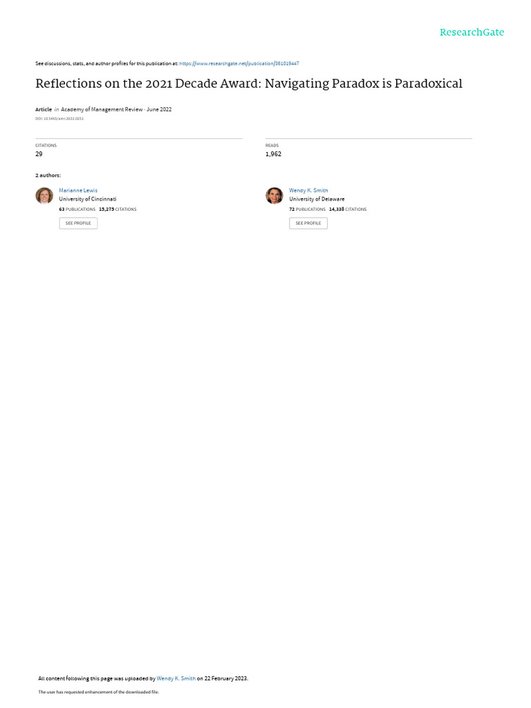 04 Lewis & Smith AMR 2022 Navigating Paradox | PDF | Dialectic | Theory