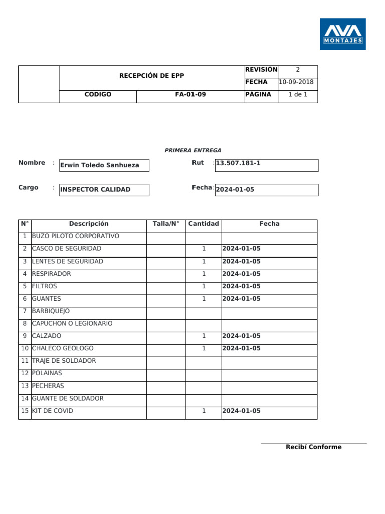 2024 01-03 11-42 FA-01-09. Recepcin de EPP Erwin Toledo Sanhueza | PDF ...