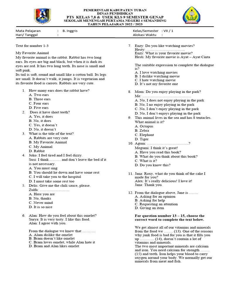 Soal PTS Genap Big 2023 KLS 7 | PDF