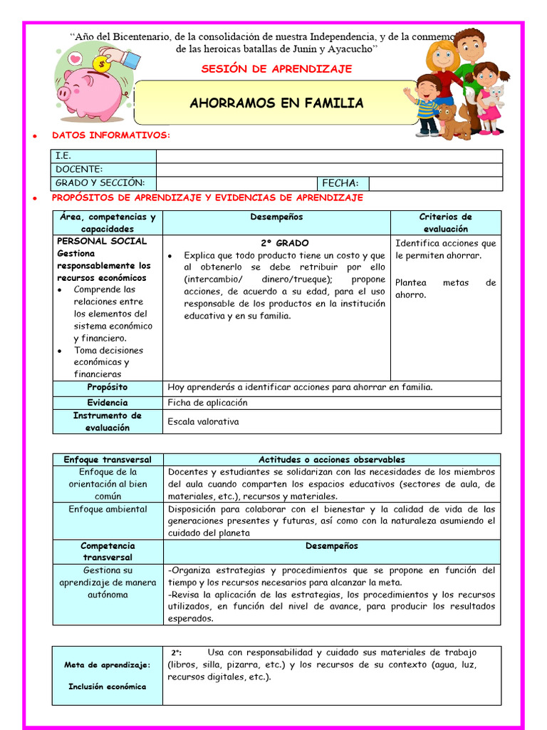 2º U3 S3 Sesion D1 PS Ahorramos en Familia | PDF | Evaluación | Aprendizaje
