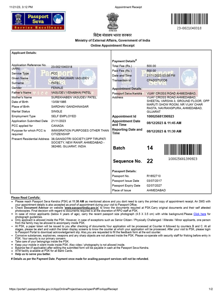 Appointment Receipt PCC | Download Free PDF | Passport