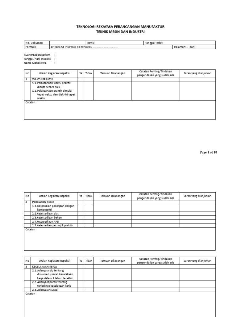 Checklist Inspeksi K3 Bengkel | PDF | Teknologi & Rekayasa