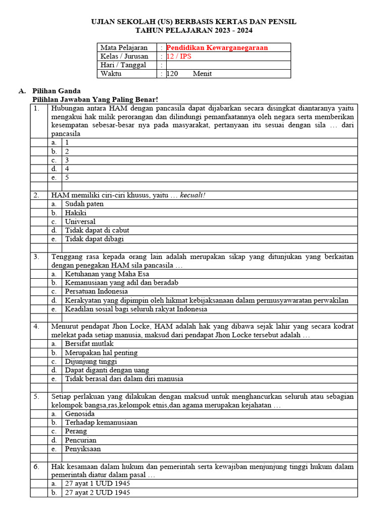 Soal Us PKN Kelas 12 2023 - 2024 | PDF