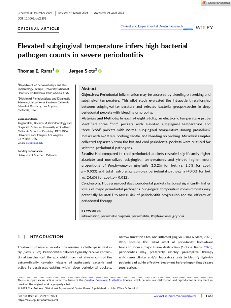 Periodontitis: Temperature & Pathogens | PDF | Periodontology | Tooth
