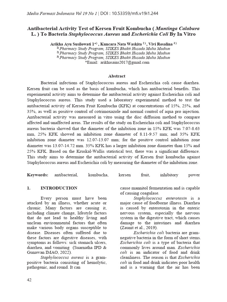 Antibacterial Activity Test of Kersen Fruit Kombucha (Muntinga Calabura ...