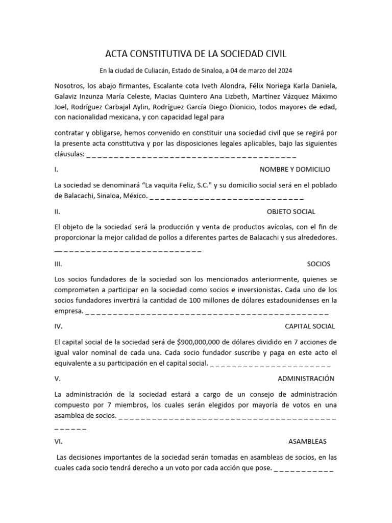 ACTA CONSTITUTIVA DE LA SOCIEDAD CIVIL | PDF