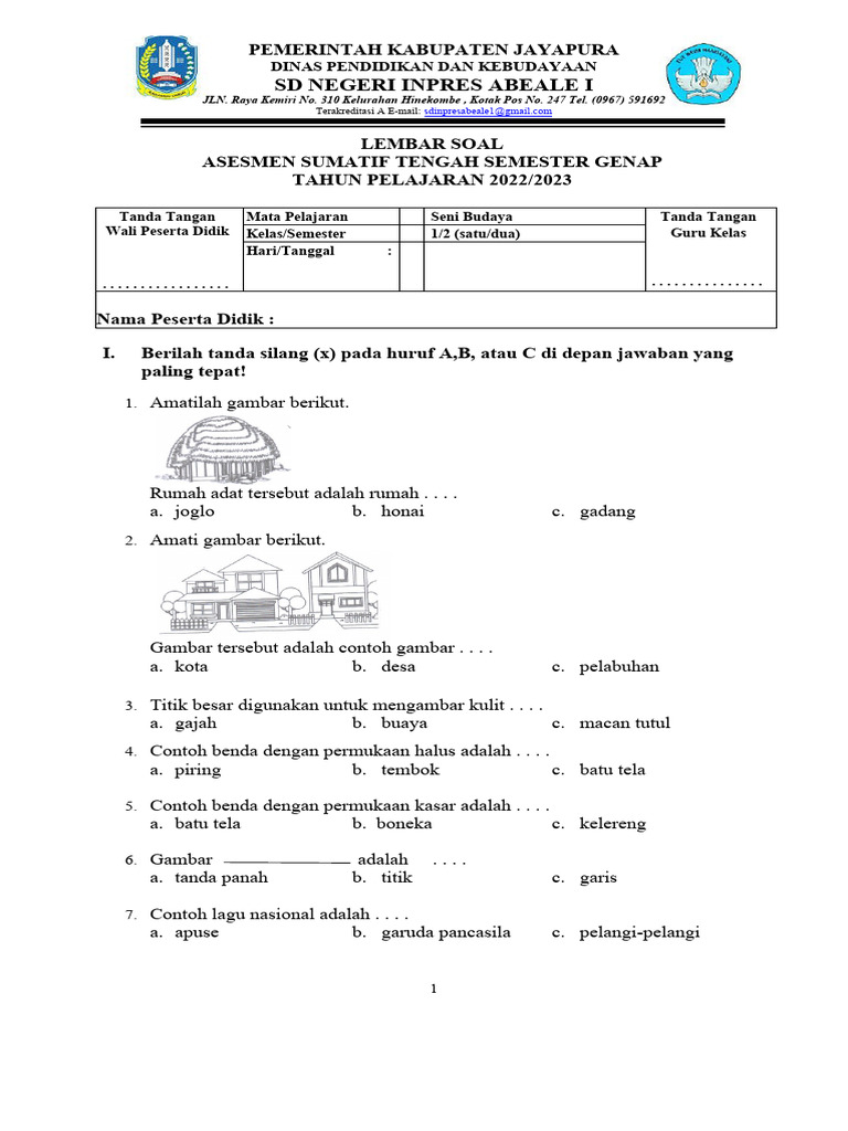 Soal STS 2 B Seni Budaya Kelas 1 | PDF