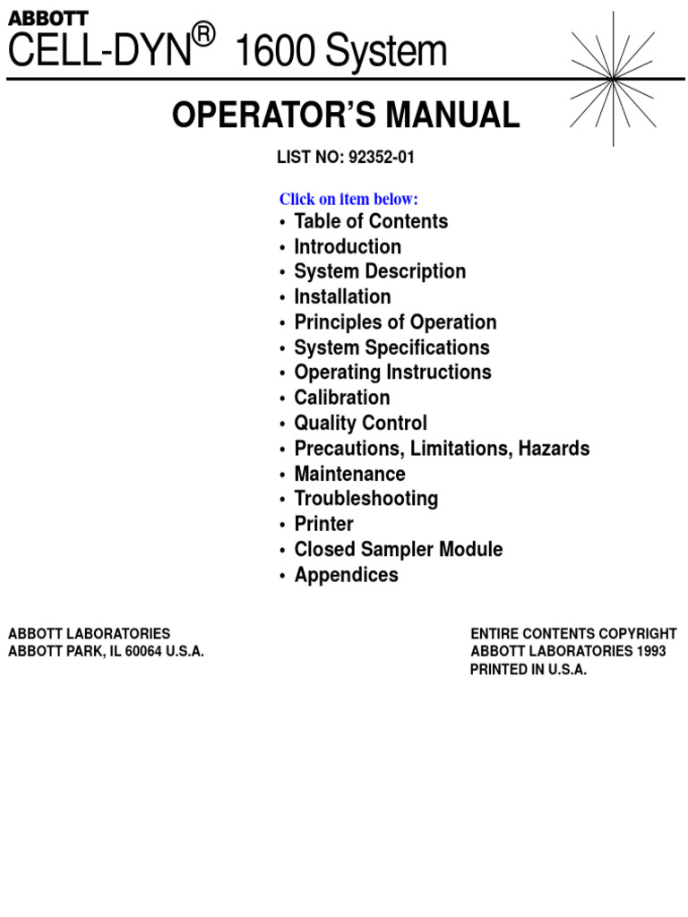 Cell-Dyn 1600 System: Operator'S Manual | PDF | Red Blood Cell ...