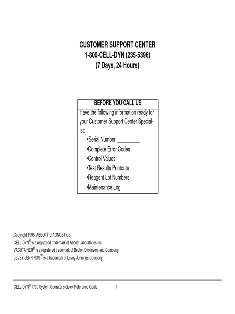 Customer Support Center 1-800-CELL-DYN (235-5396) (7 Days, 24 Hours ...