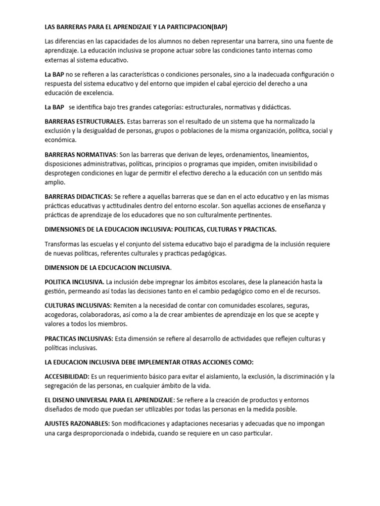 Las Barreras para El Aprendizaje y La Participacion | PDF | Inclusión (Educación) | Exclusión social