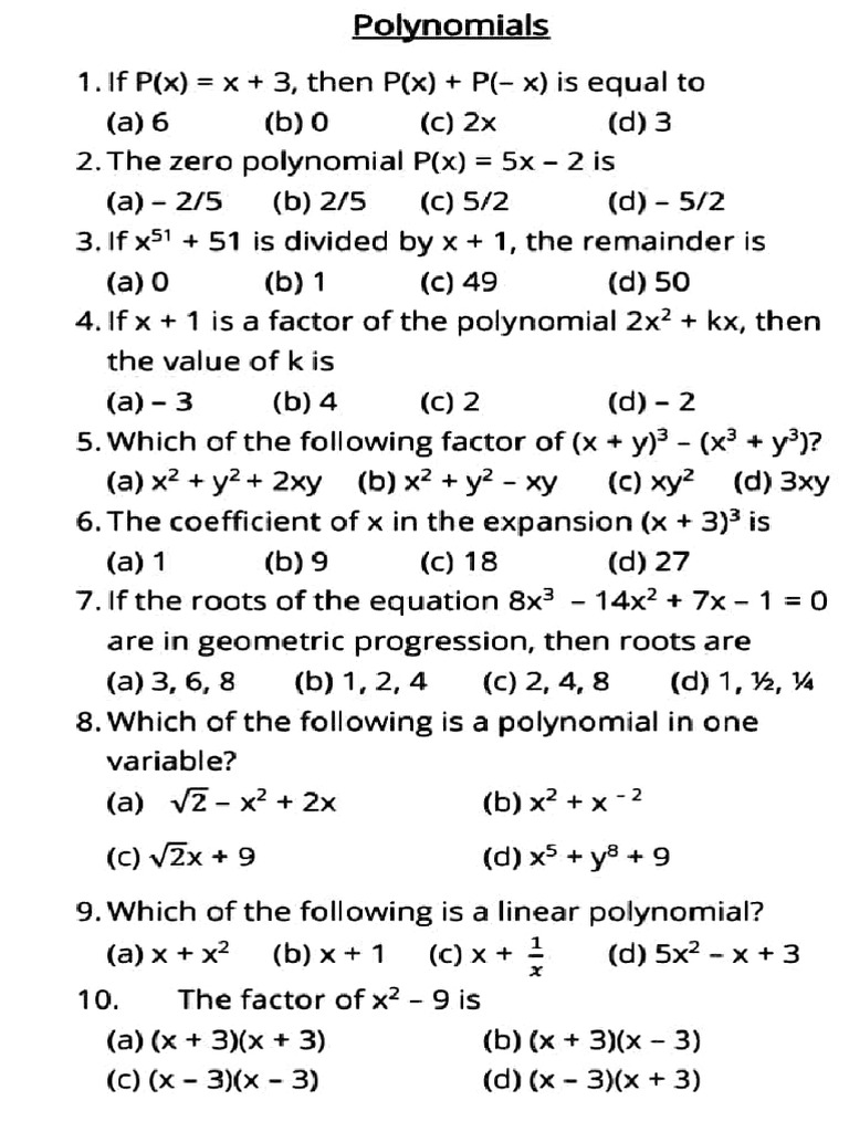 Polynomial MCQ | PDF | Polynomial | Zero Of A Function