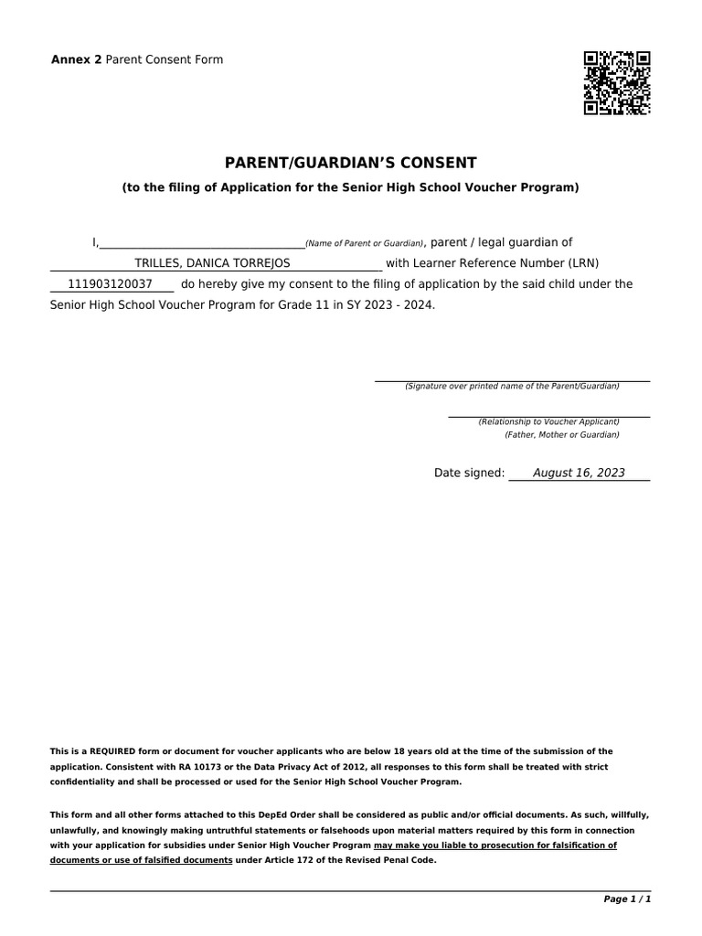 V23-NVPFZDJA - Parent Consent Form | PDF