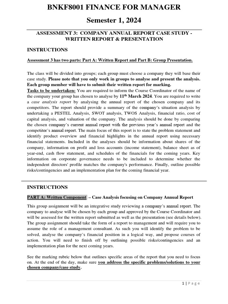 BNKF8001-Company Annual Case Report and Marking Rubric- Assignment 3 -S1 2024 | Download Free ...