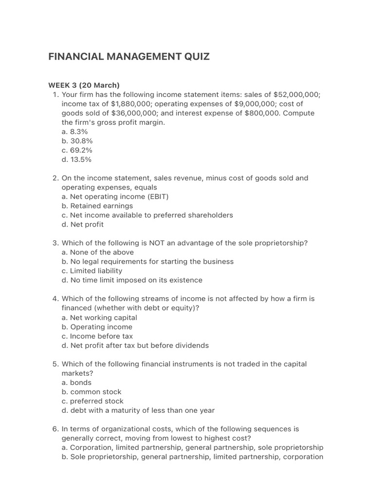 Financial Management Quiz | PDF | Dividend | Net Income