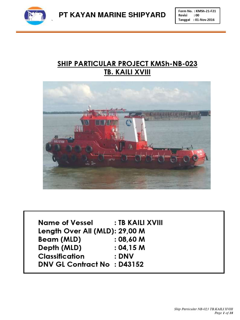 Ship Particular Tb. Kaili Xviii | PDF | Tonnage | Engines
