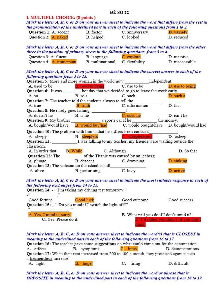 English Test Questions and Answers | PDF | Schools | Stress (Linguistics)