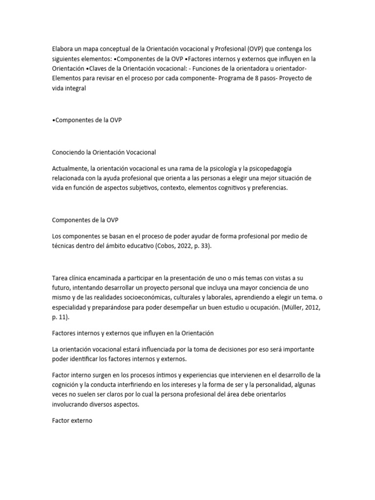 Elabora un mapa conceptual de la Orientación vocacional y Profesional ...