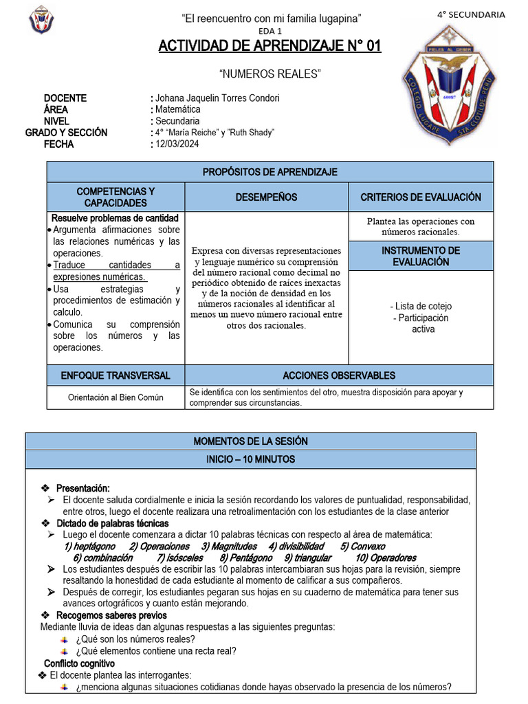 4 - Sesion de Aprendizaje - 1 - E1 (Maria Reiche) | PDF | Evaluación | Número Real