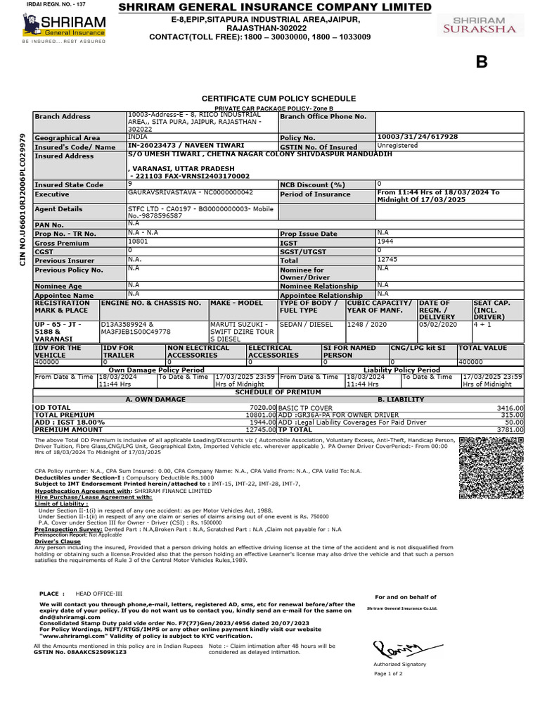 STFCPolicySchedule 20240513 102713 | PDF | Insurance | Deductible