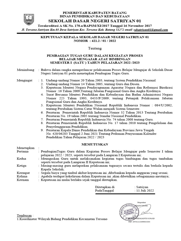 SK Pembagian Tugas Guru SMSTR I 2022 2023 SD Satriyan 01 DIPAKAI | PDF