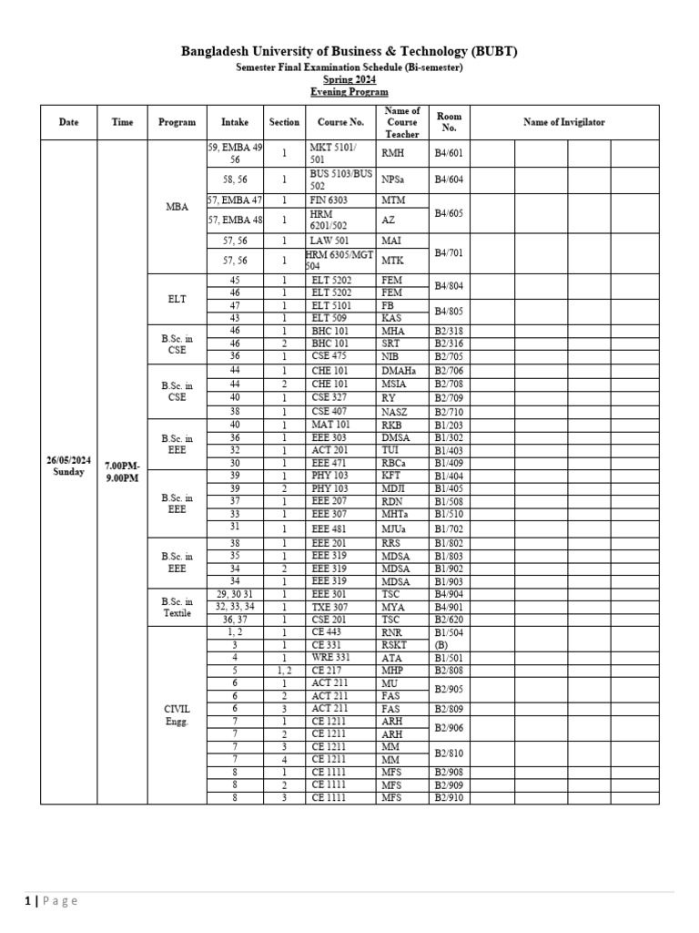 Semester Final Exam Schedule-Spring 2024 26 05 2024-Interval of One Day-Evening Program-For ...