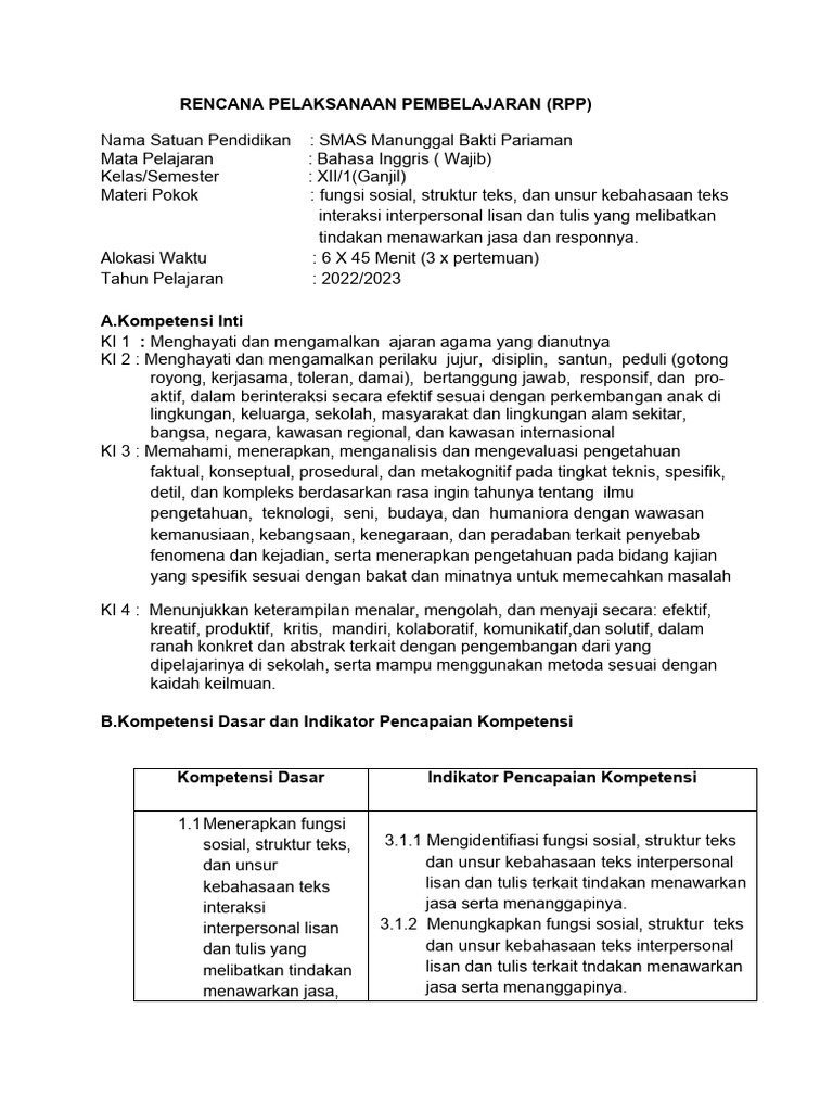 RPP Bahasa Inggris Kelas XII | PDF