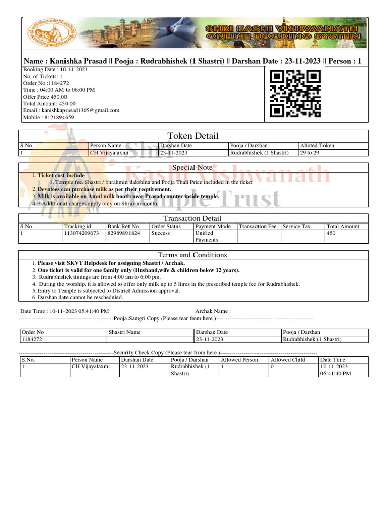 Token Detail: Name: Kanishka Prasad - Pooja: Rudrabhishek (1 Shastri) - Darshan Date: 23-11-2023 ...