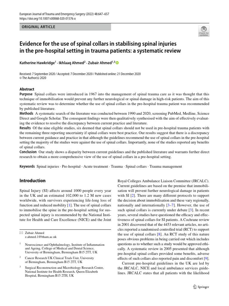 Evidence For The Use of Spinall Collars in Stabilising Spinal Injuries ...