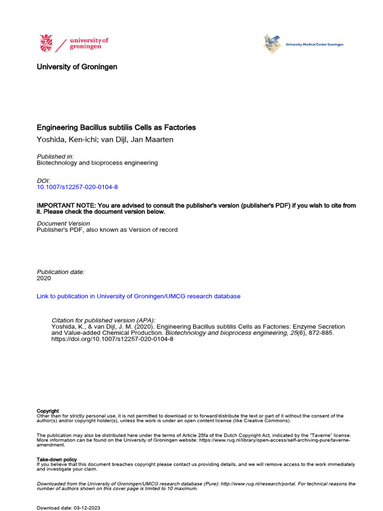 Engineering Bacillus Subtilis Cells As Factories Enzyme Secretion And Value Added Chemical