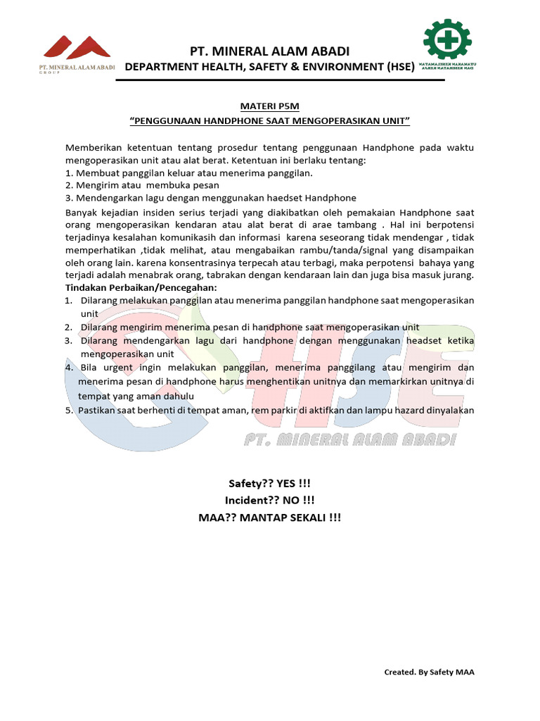 Penggunaan Handphone Saat Mengoperasikan Unit | PDF