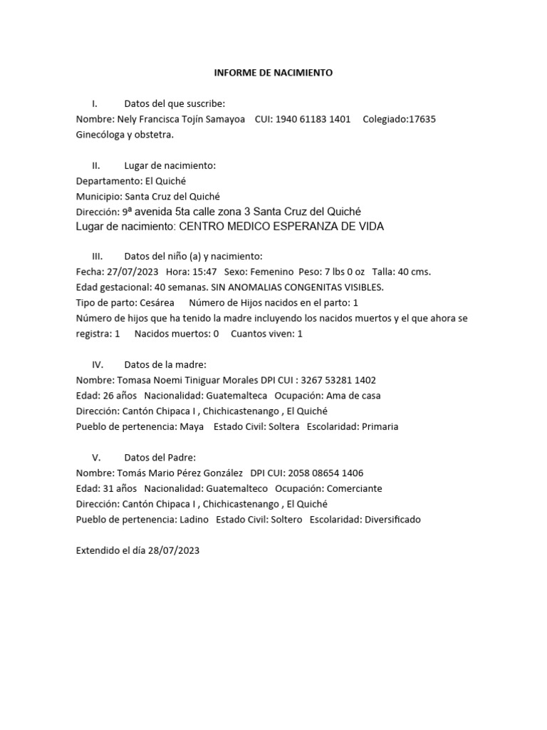 Informe de Nacimiento (1) (2) | PDF