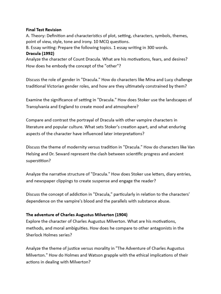 Final Test Revision | PDF | Dracula | The Great Gatsby