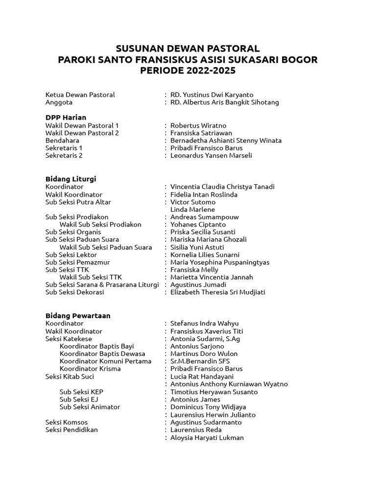 Susunan Dewan 2022 2025 Paroki SFA Sukasari Bogor | PDF