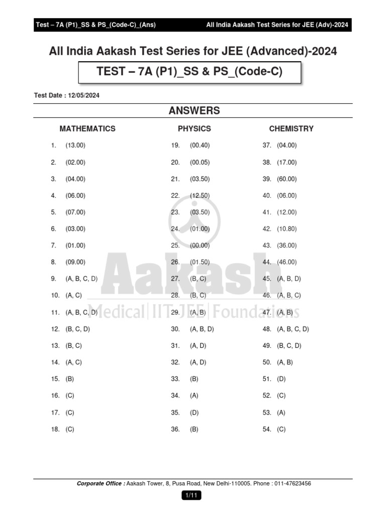 Aiats For Ss & Ps Jee (Adv) - Test-7a-P1 - Code-C - Sol - 12!05!2024 ...
