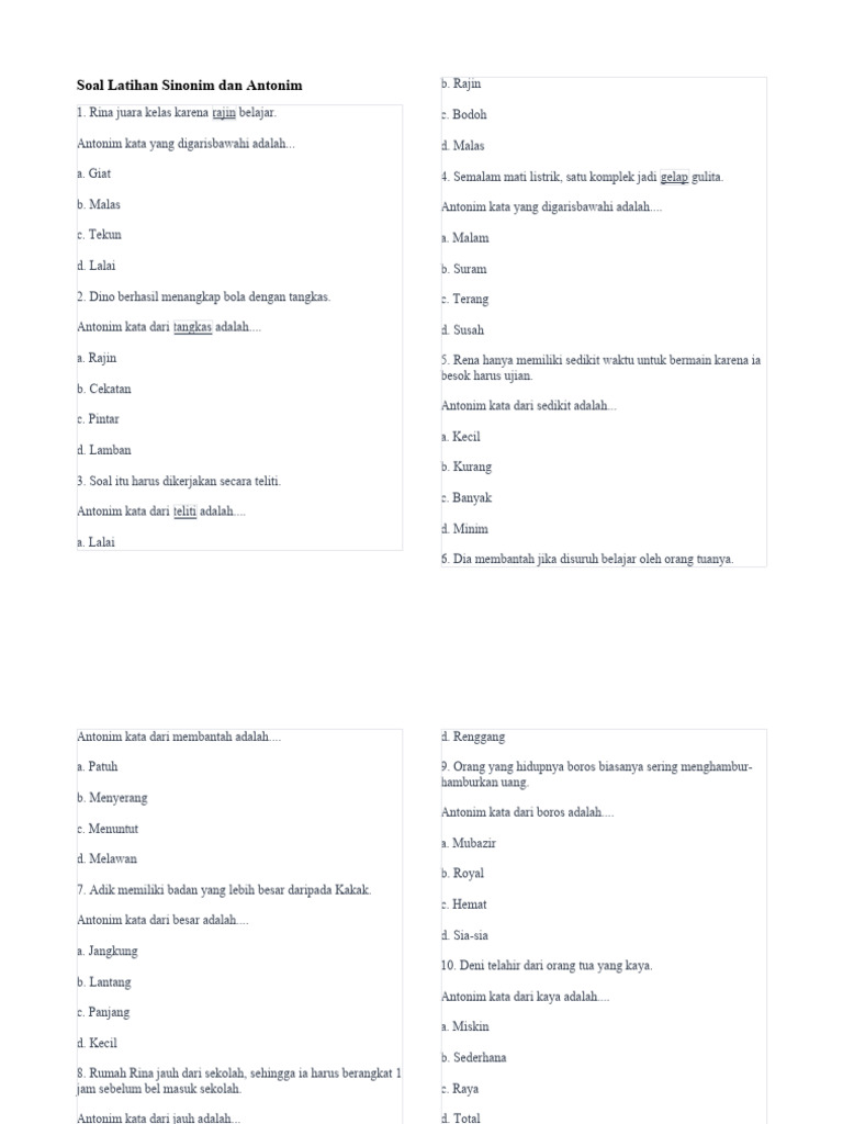 Soal Latihan Sinonim Dan Antonim Kelas 6 SD | PDF