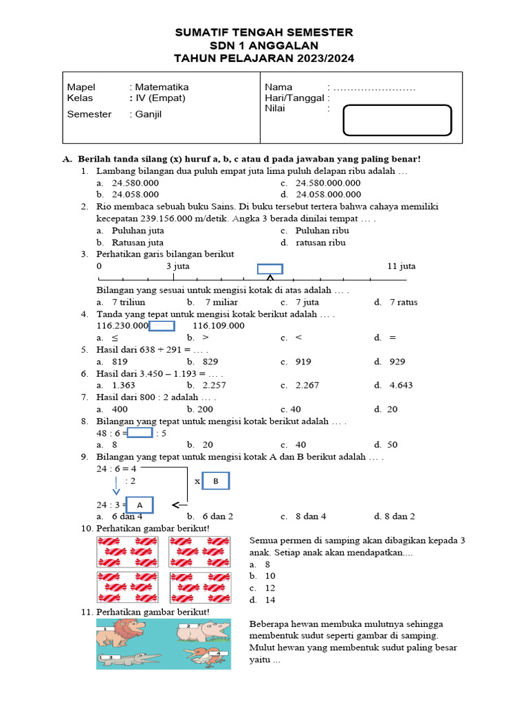 Soal STS 1 MTK Kelas 4 Ganjil 2023-2024 | PDF